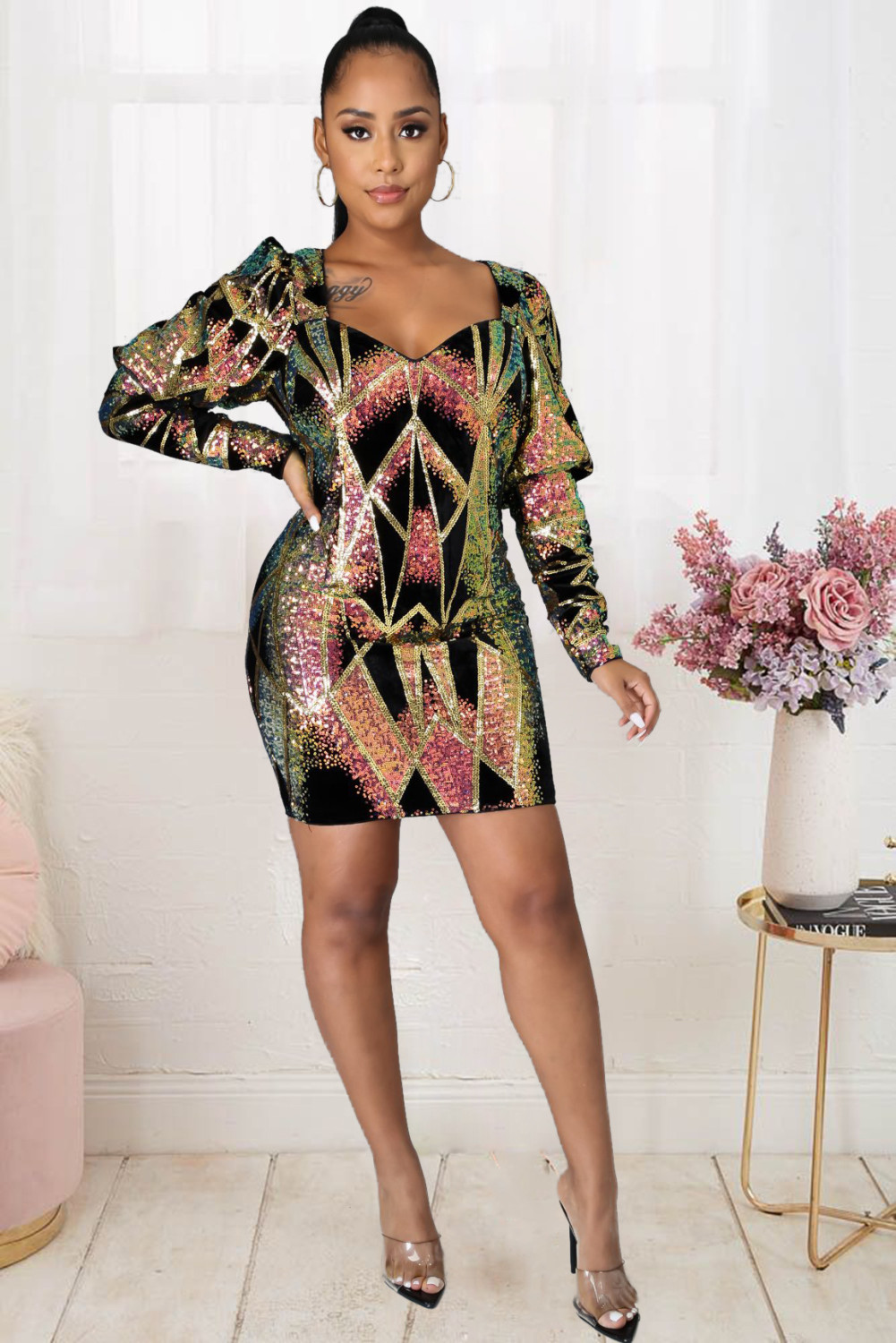 2026 Sexy Sequin Long Sleeve Zipper Nightclub Party Dress LX-6050 | DF ...