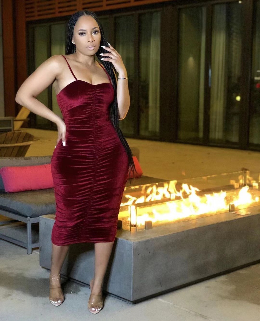 2026 Sexy Adjustable Strap Ruched Slim Midi Dress LSD-9095 | DF - www ...