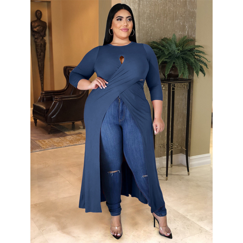 2026 Plus Size 5XL Solid Color Sexy Hollow Out Split Long Top ASL-7008 ...
