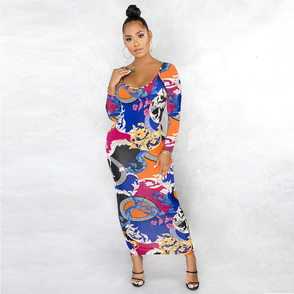 Dear-Fashion | Wholesale Fashion Print Long Sleeve Maxi Dress(Without ...