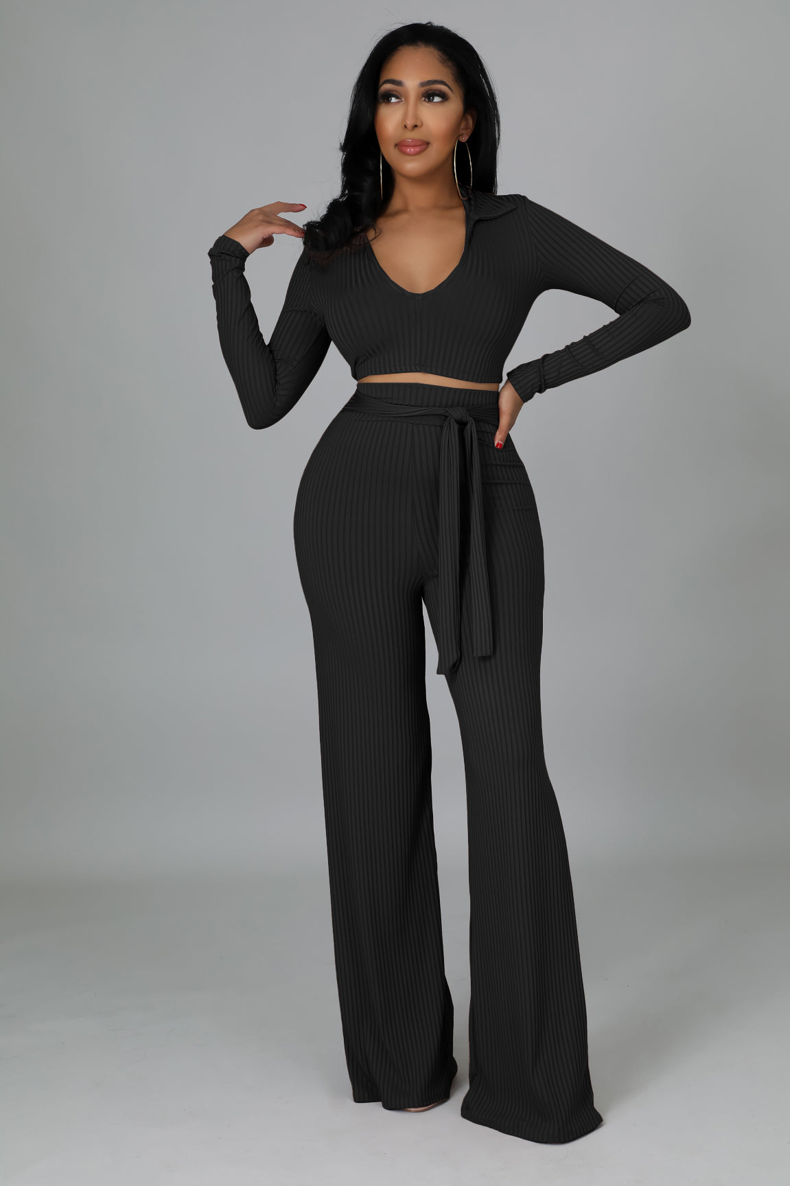 Dear-Fashion | Wholesale Solid Color Deep V Neck Micro Flare Pants Two ...
