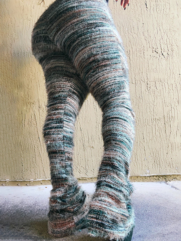 2026 Multicolor Striped Fluffy Fur Stacked Pants CH-23113 | DF - www ...