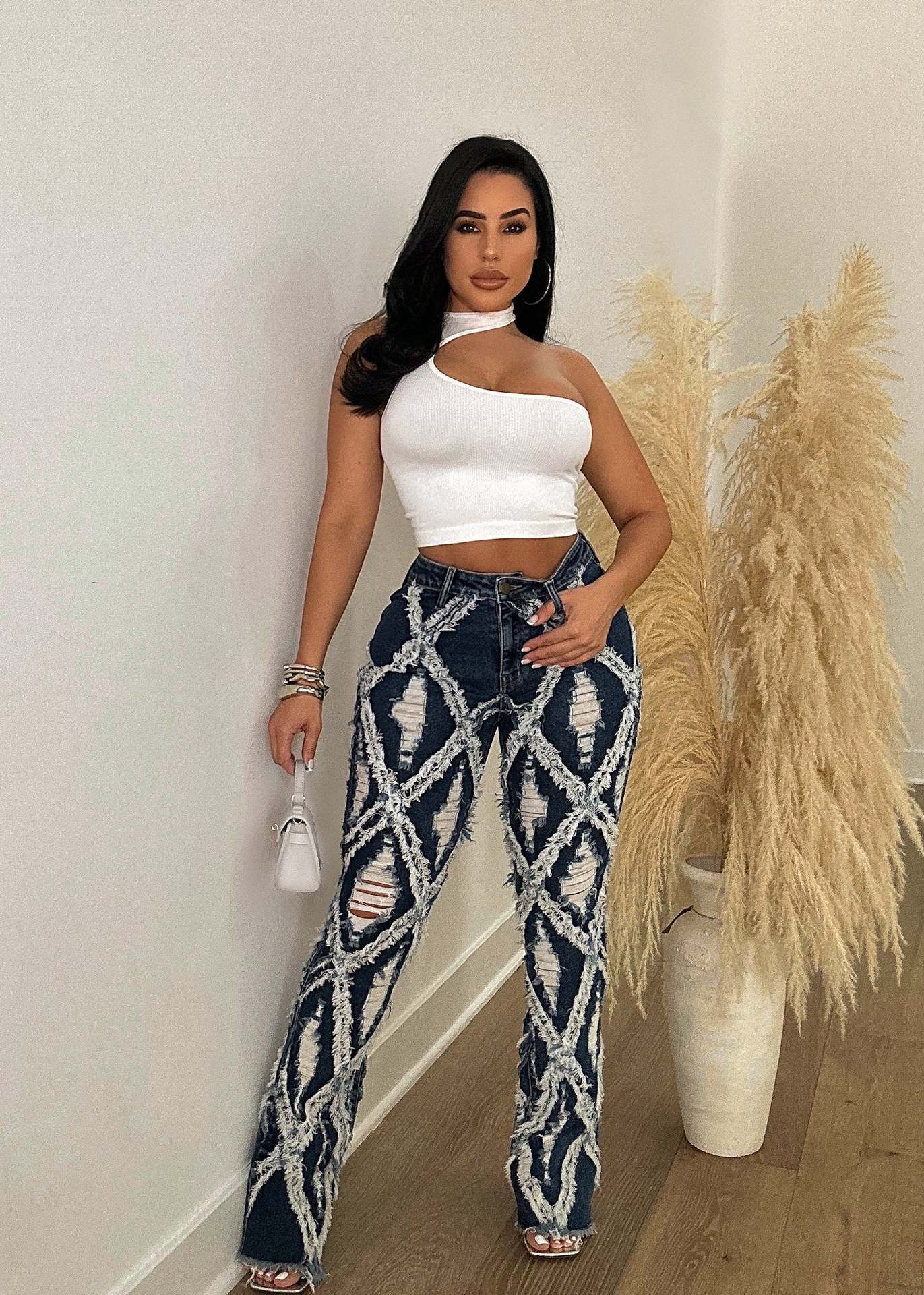 Dear-Fashion | Wholesale Checkered Holes Loose Micro Flare Jeans TE ...