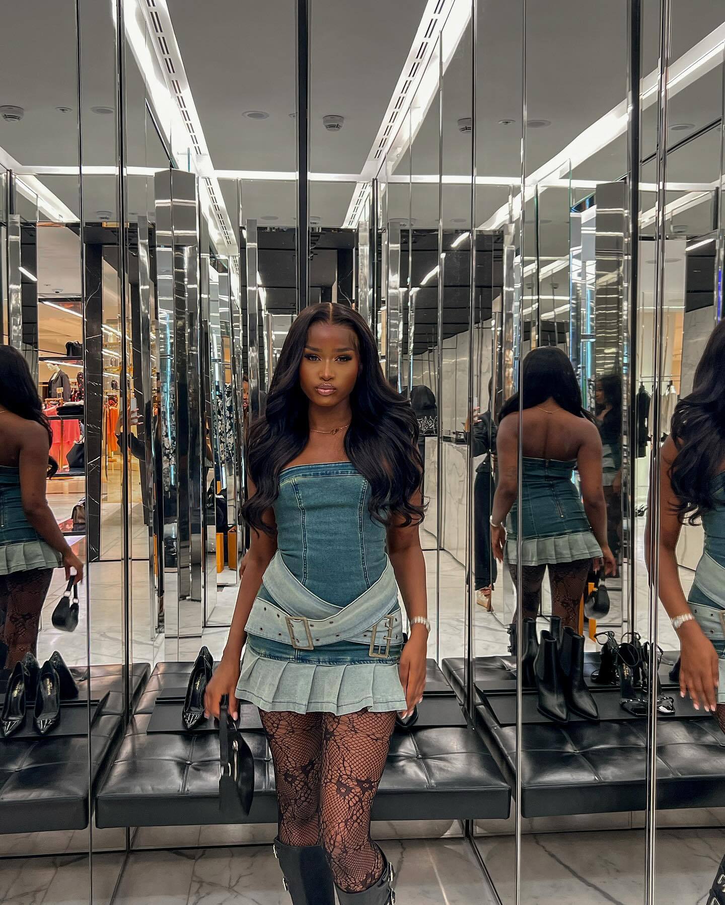 2026 Off Shoulder Pleated Denim Mini Dress MOF-8956 | DF - www.dear ...