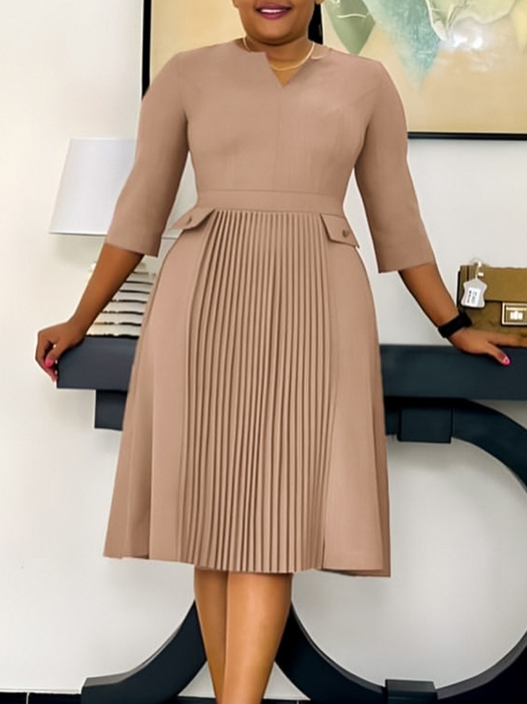 2026 Solid Color 3/4 Sleeve Press Pleated Midi Dress GMLF-3295 | DF ...