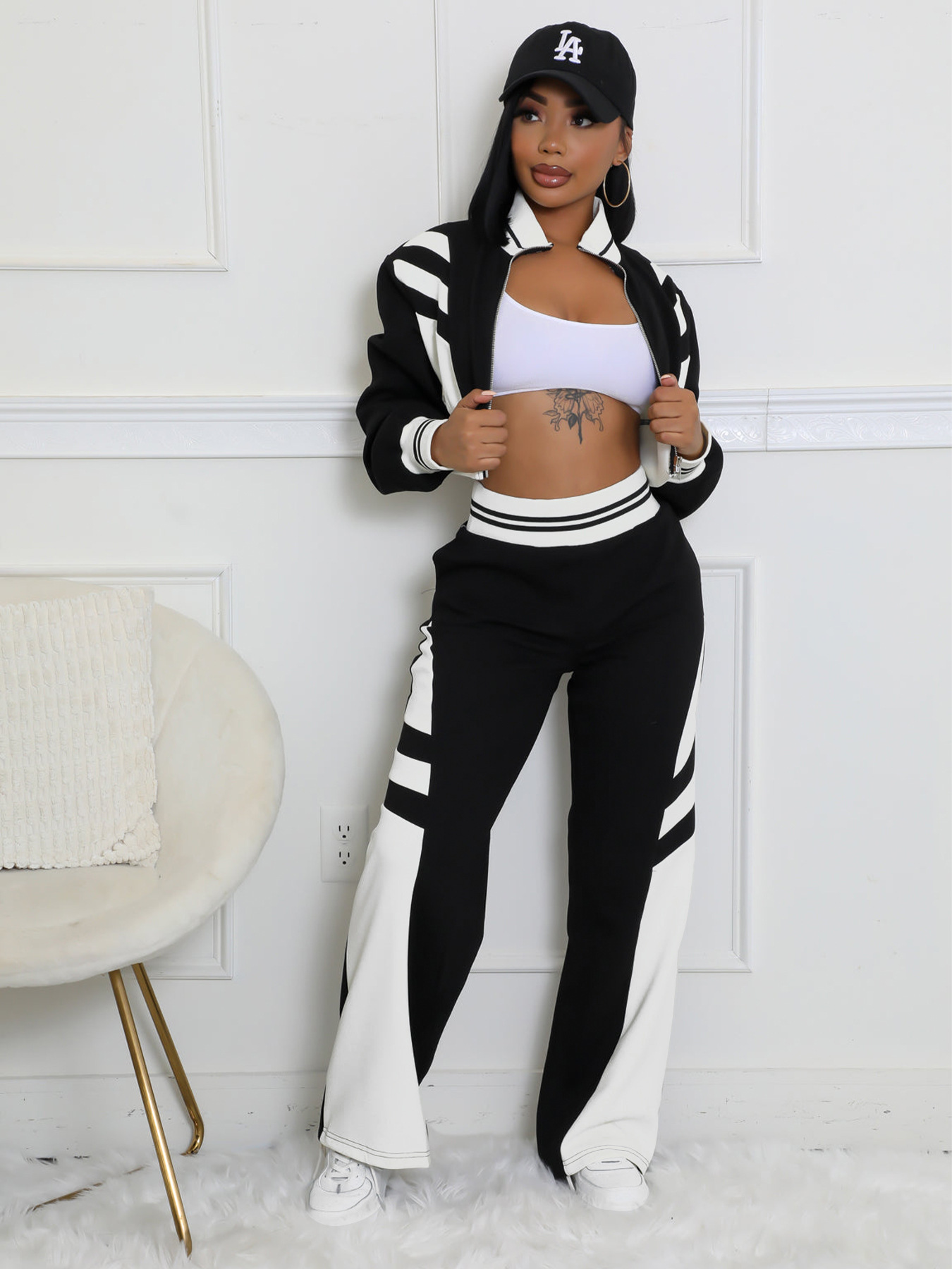 2026 Color Block Rib Micro Flare Pants 2 Piece Set CH-24070 | DF - www ...