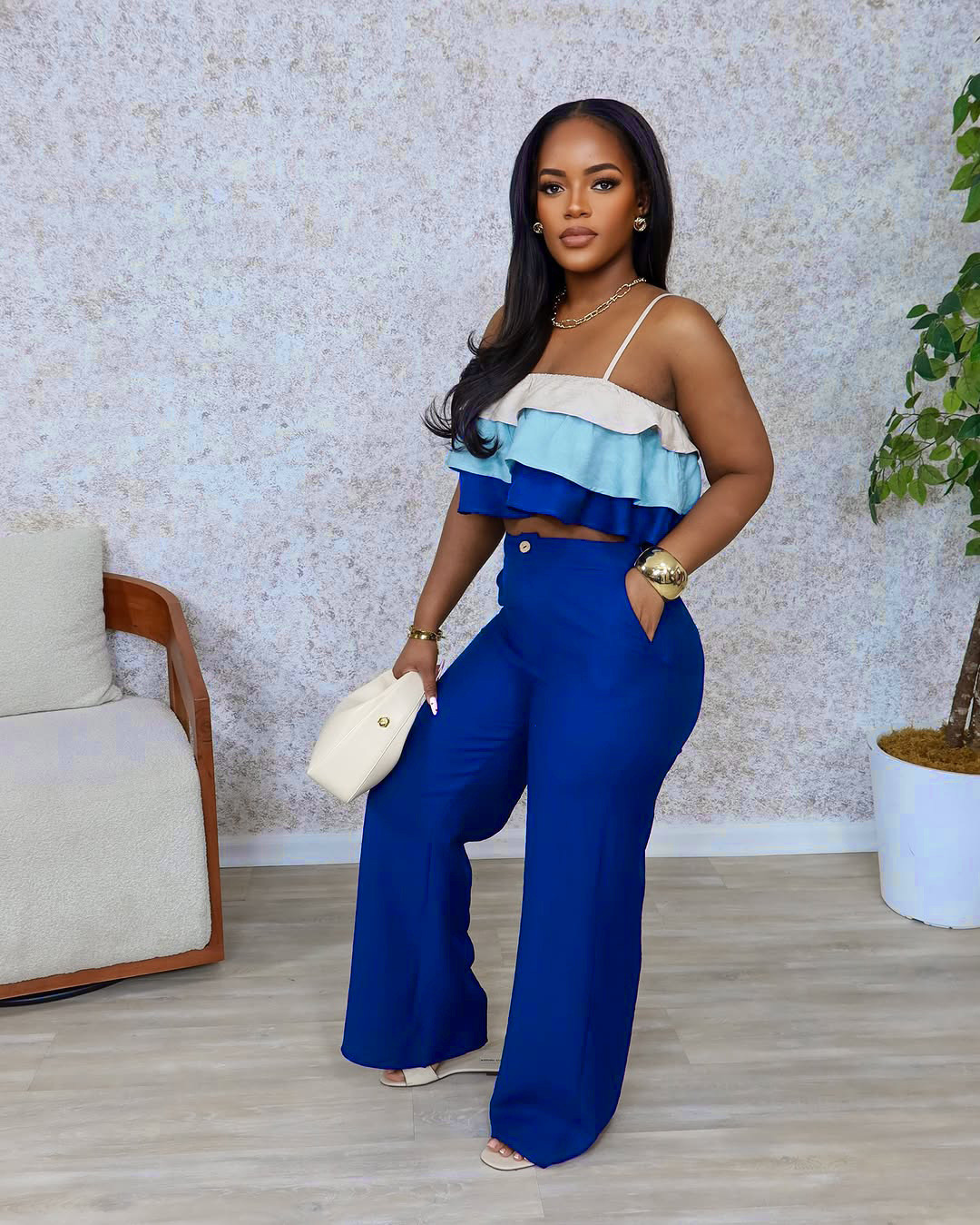 2026 Sexy Wrap Chest Ruffles Sling Tops Pants Suit QODY-6056 | DF - www ...