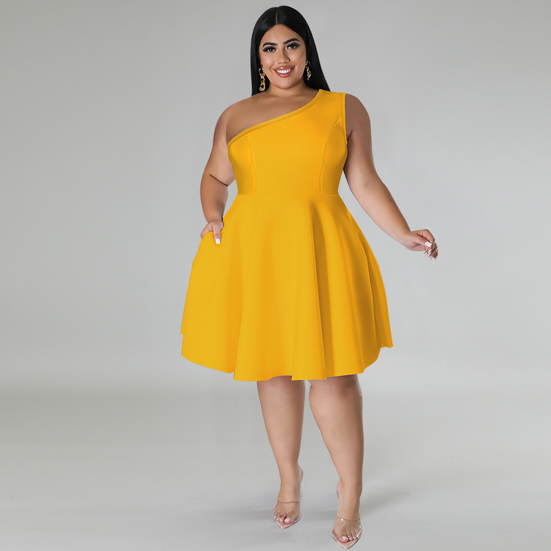 2026 Plus Size Solid Color Slash Shoulder Midi Dress GDAM-218703 | DF ...