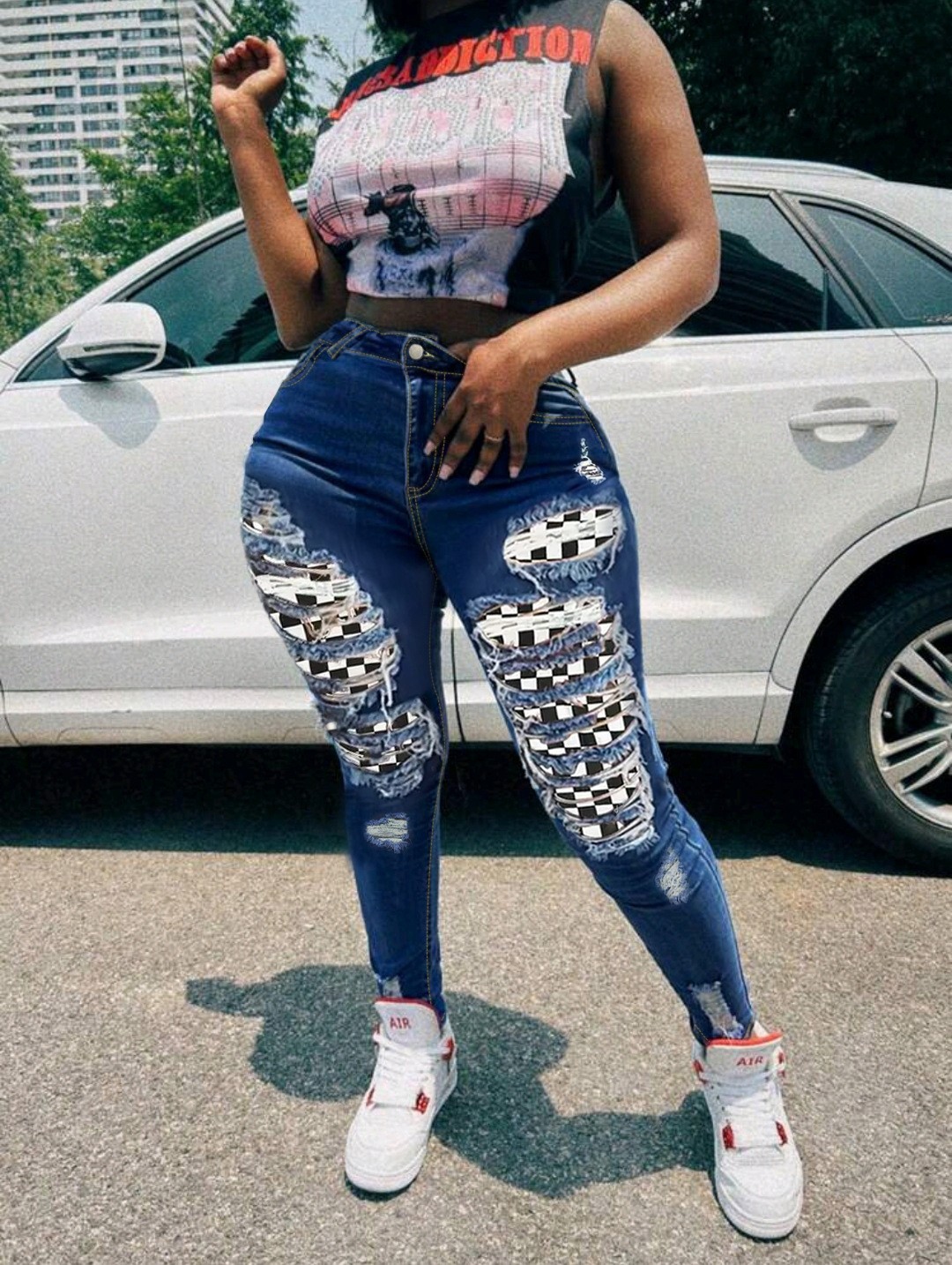 Dear-Fashion | Wholesale Fashion Patchwork Holes Pencil Jeans GXJF ...