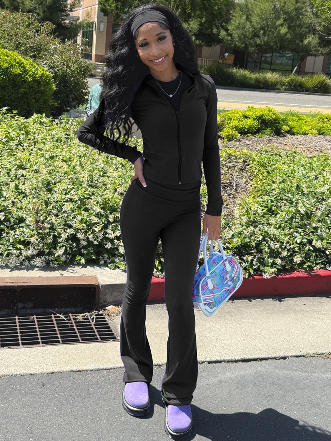 Dear-Fashion | Wholesale Solid Color Zipper Tops Micro Flare Pant Suit ...