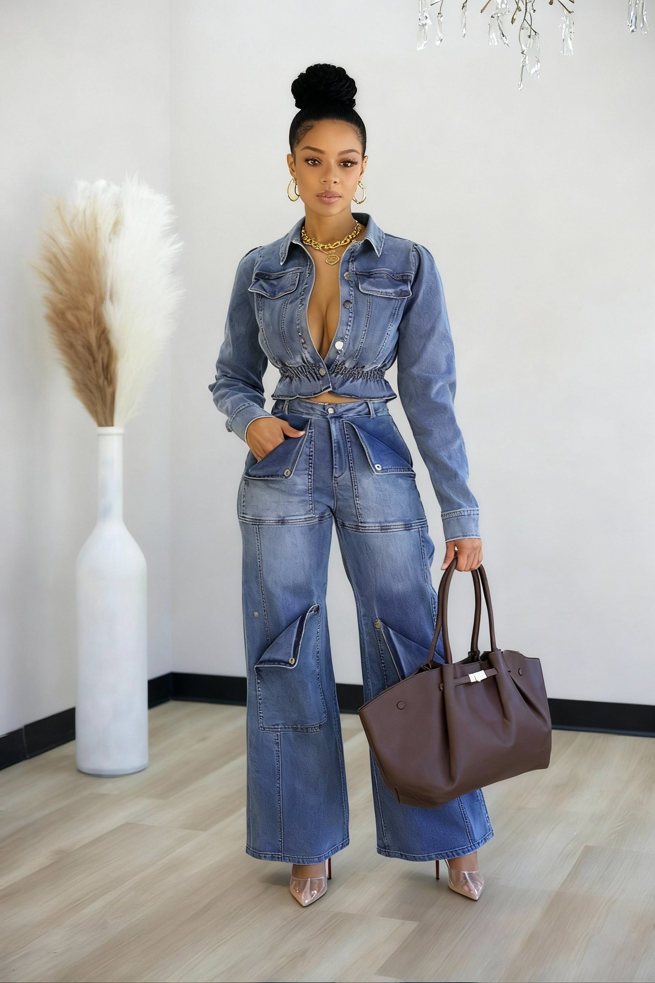 2026 Fashion Denim Long Sleeve Two Piece Pants Set CM-9537 | DF - www ...